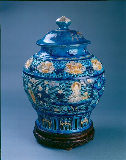 Covered Jar depicting a celebration of longevity by the Daoist Eight ...