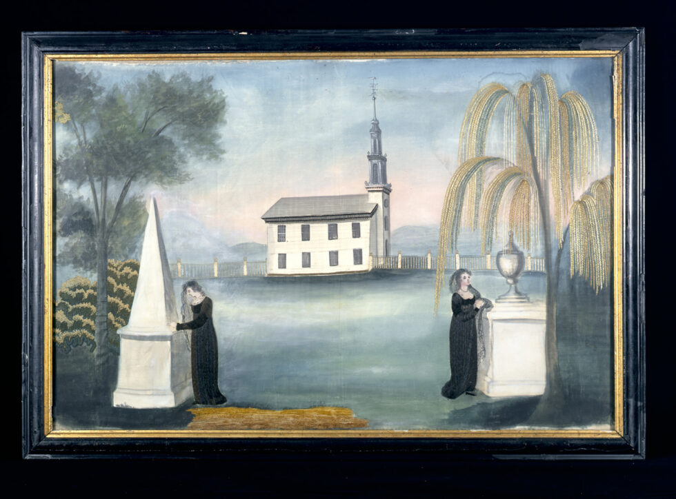 Painted and embroidered mourning picture on silk - Newport Restoration ...